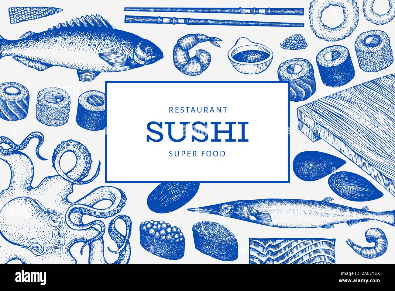 Japanese cuisine design template. Sushi hand drawn vector illustrations ...