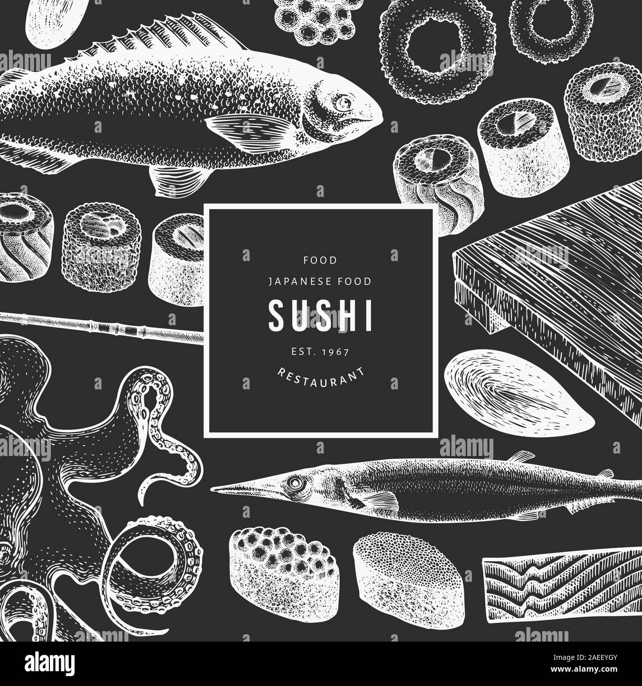 Japanese cuisine design template. Sushi hand drawn vector illustration ...