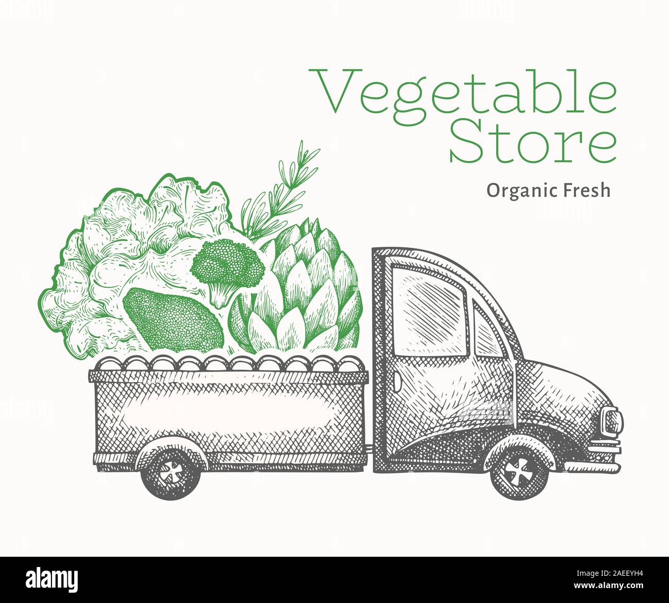 Green vegetables shop delivery logo template. Hand drawn vector truck ...