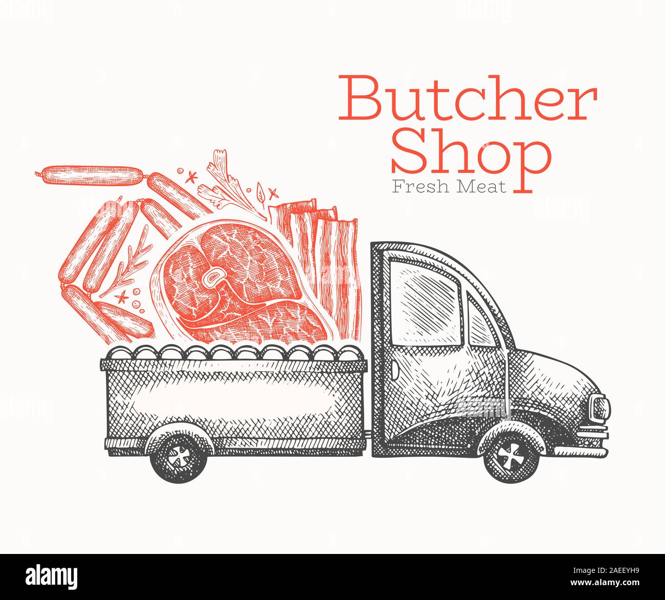 Butcher shop delivery logo template. Hand drawn vector truck with meat ...