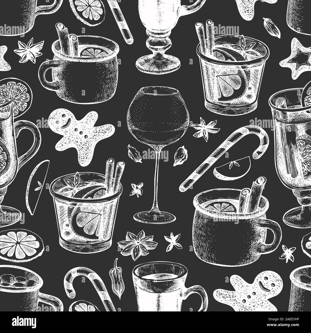 Winter drinks vector seamless pattern. Hand drawn engraved style mulled ...