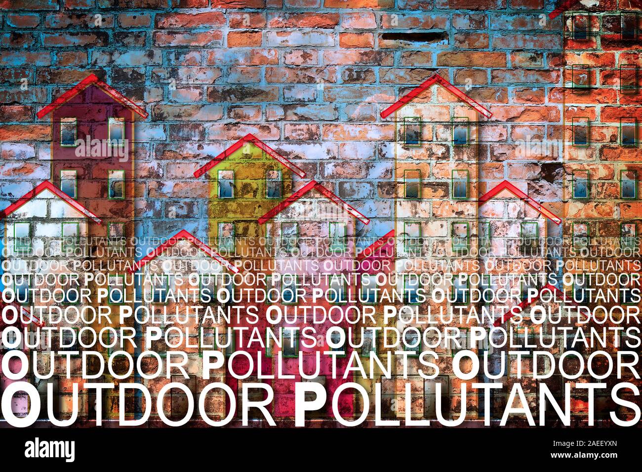 Outdoor air pollutants against a buildings background - concept image ...