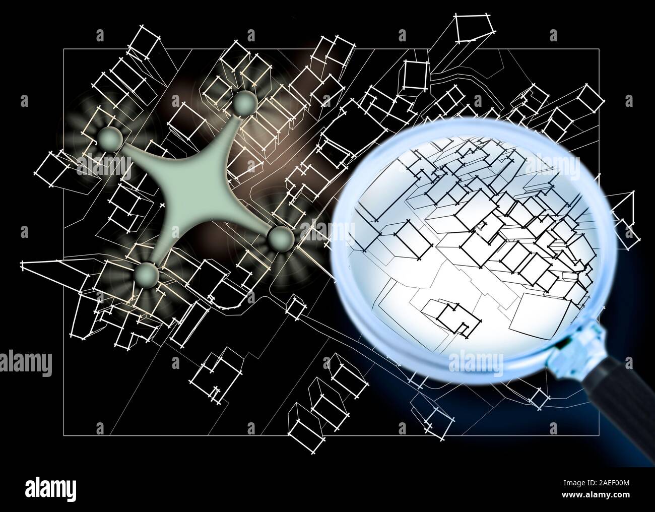Top view of an imaginary city with buildings and a drone taking an ...