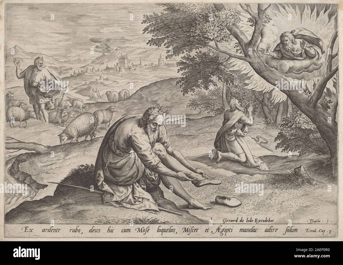 An engraving showing God appearing to Moses on Mount Sinai, depicting ...
