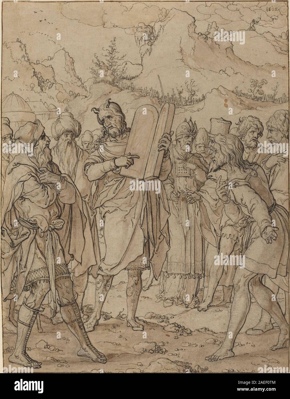 A painting depicting Moses presenting the stone tablets with the Ten ...