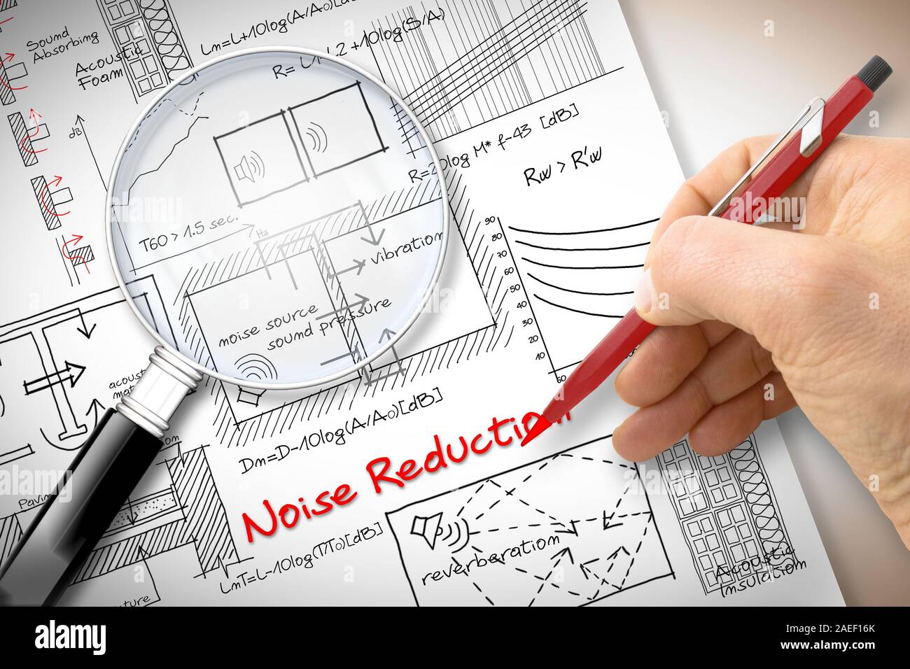 Engineer writing formulas about noise reduction in buildings - Concept ...