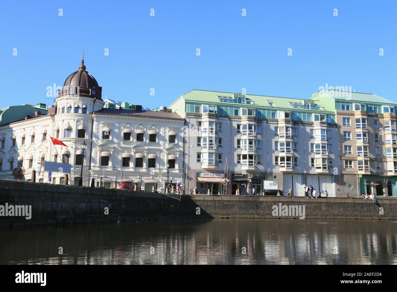 The facade of buildings along a canal in Gothenburg city centre in ...