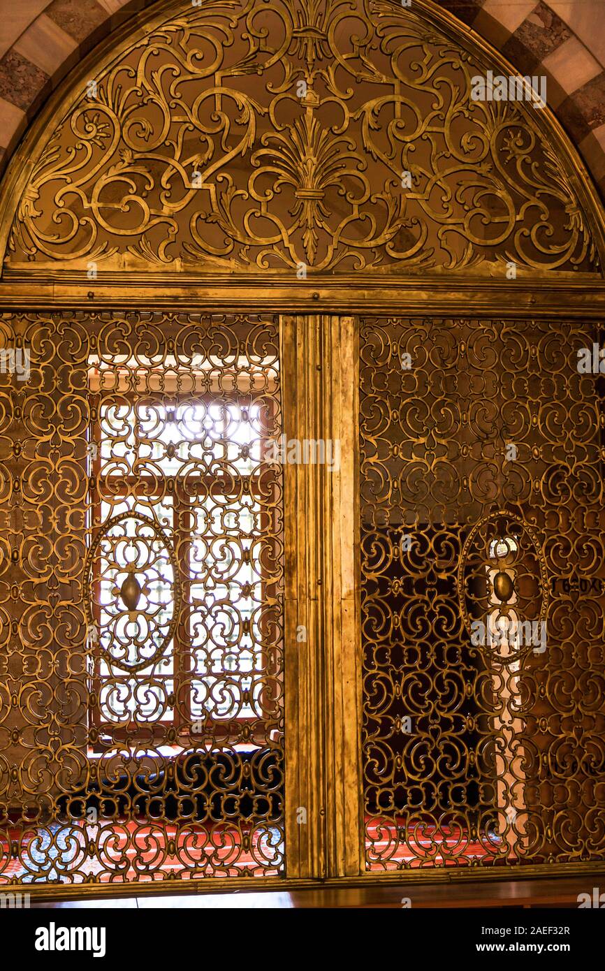 A big internal a window with gold ornament in a Turkish mosque, Alanya ...