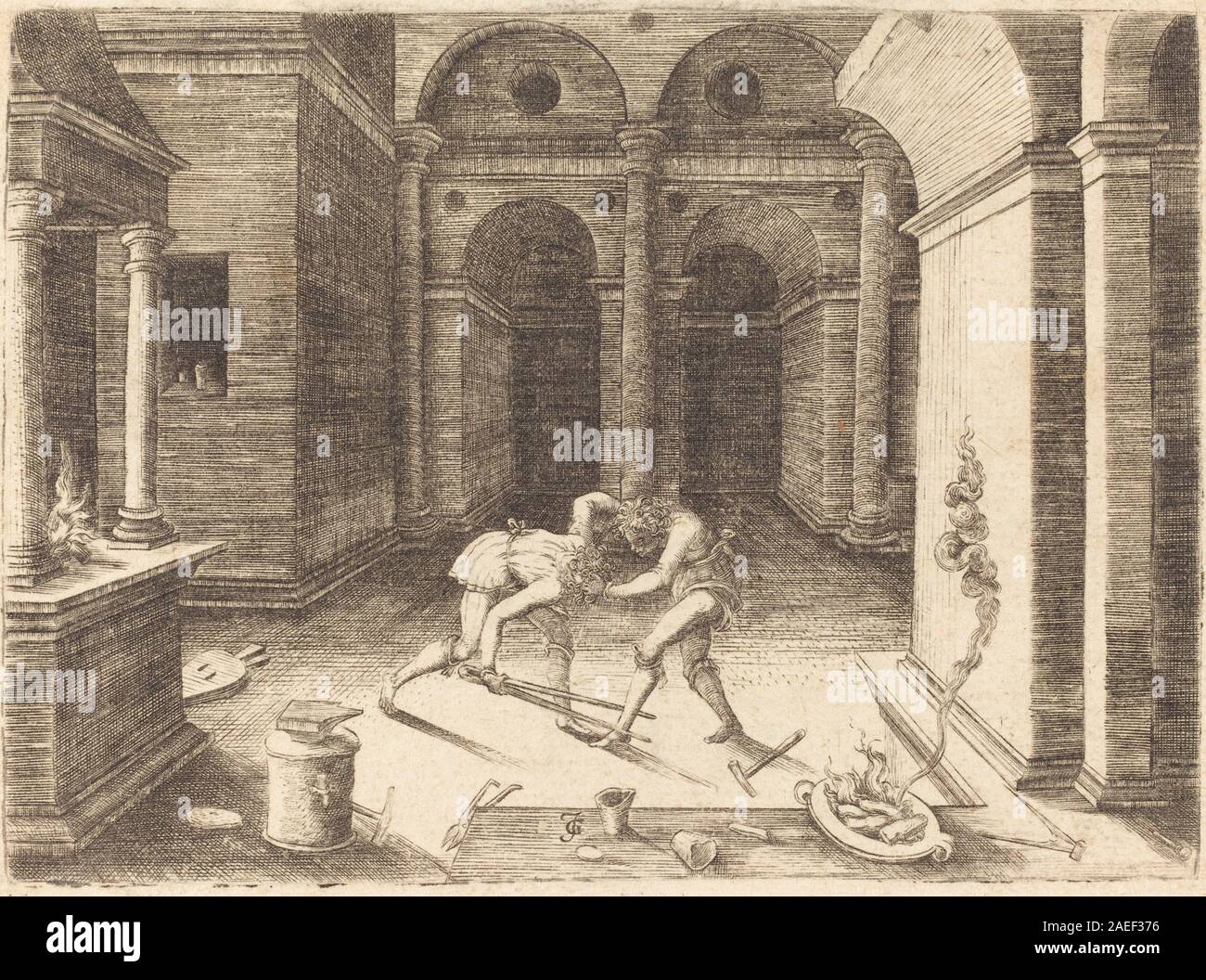 Engraving showing two young apprentices engaged in a physical fight ...