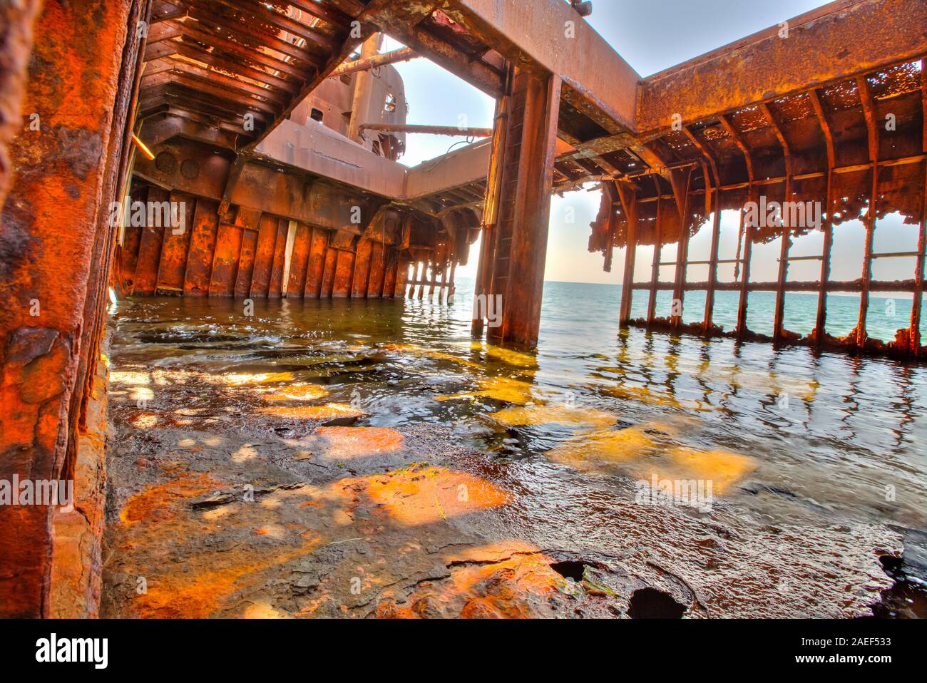 Interior of rusty shipwreck in Greece full of sea water in Glyfada ...