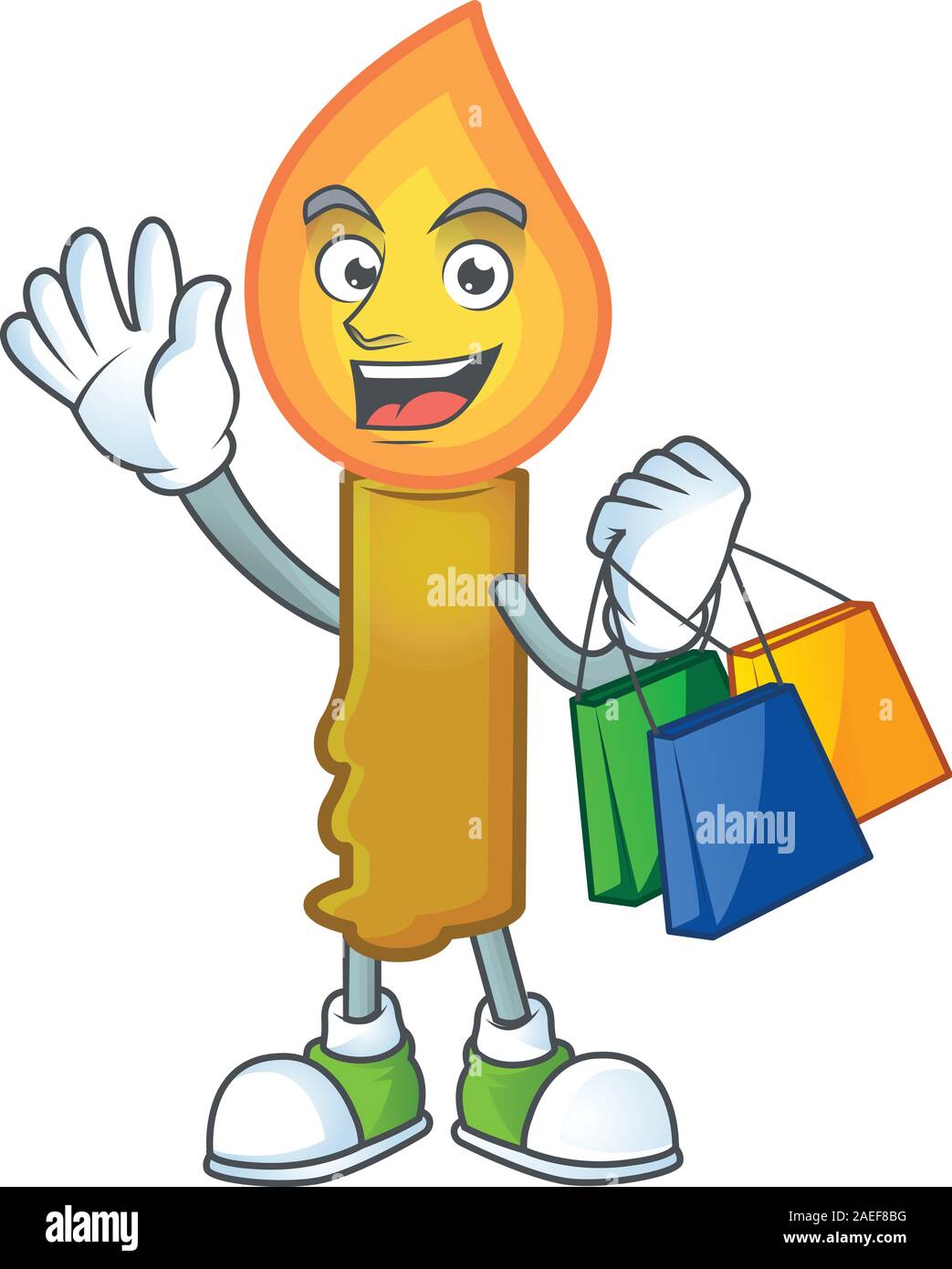 Cheerful gold candle cartoon character waving and holding Shopping bags ...