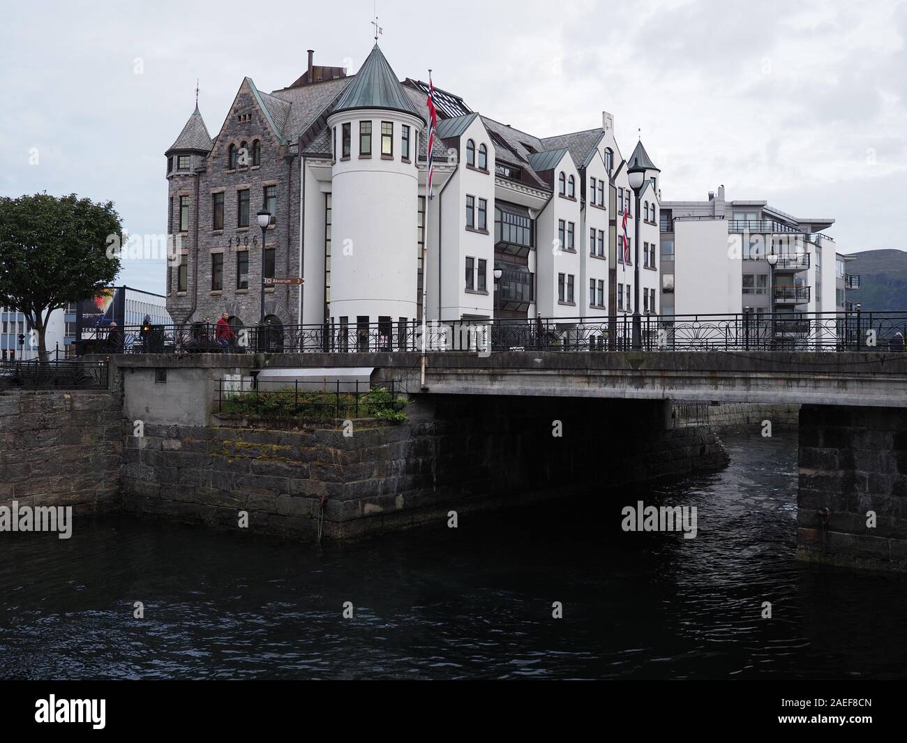 Bridge and secessionist buildings in european Alesund town at square in ...