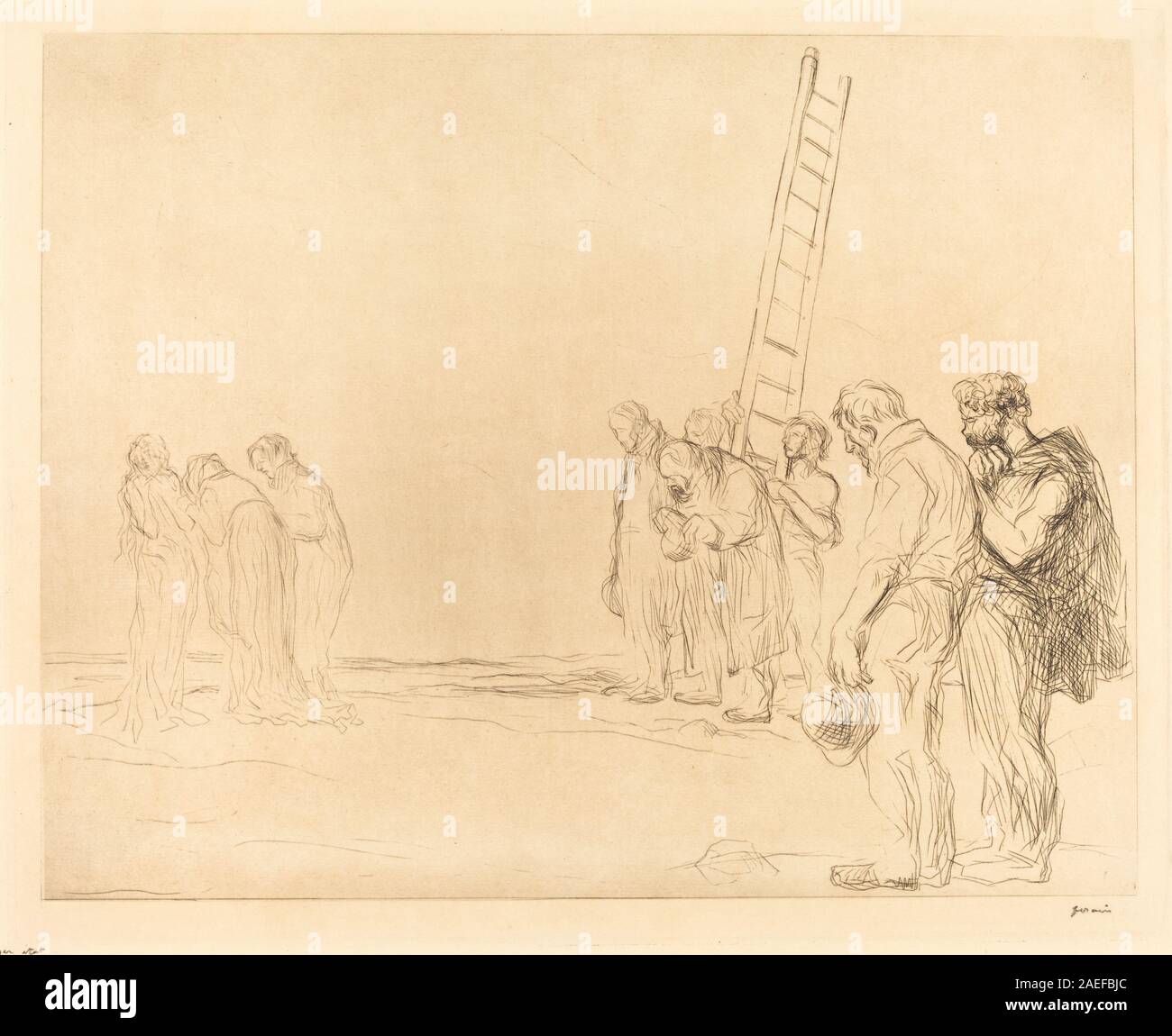 Depicts the biblical scene of Christ on the cross at Calvary, with ...