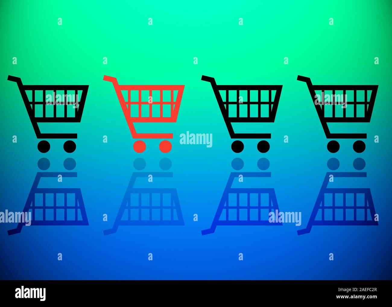 row of shopping cart with reflection, one cart different from others ...