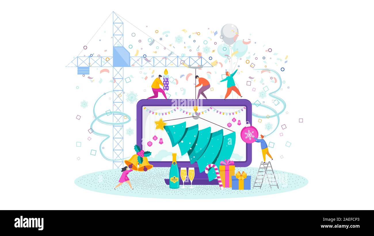 Little people drag a huge Christmas tree onto a computer monitor Stock ...