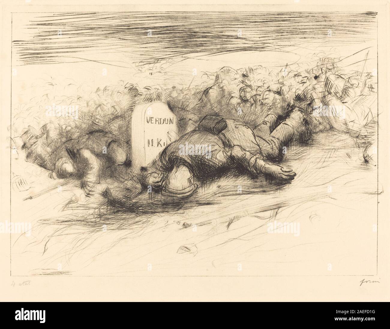 Depicts a World War I battlefield scene at Verdun in 1916, showing ...