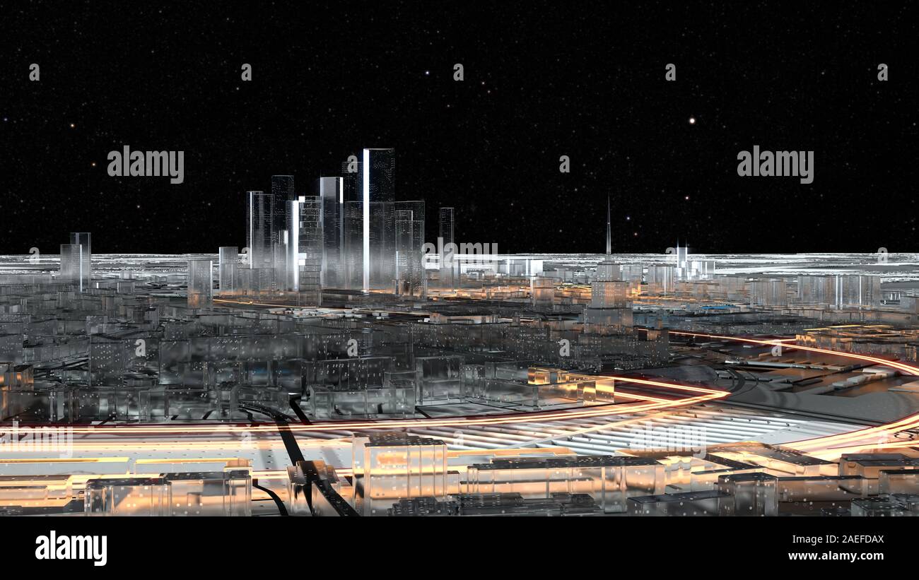 Abstract 3D city of glass with luminous roads on the surface imitating ...