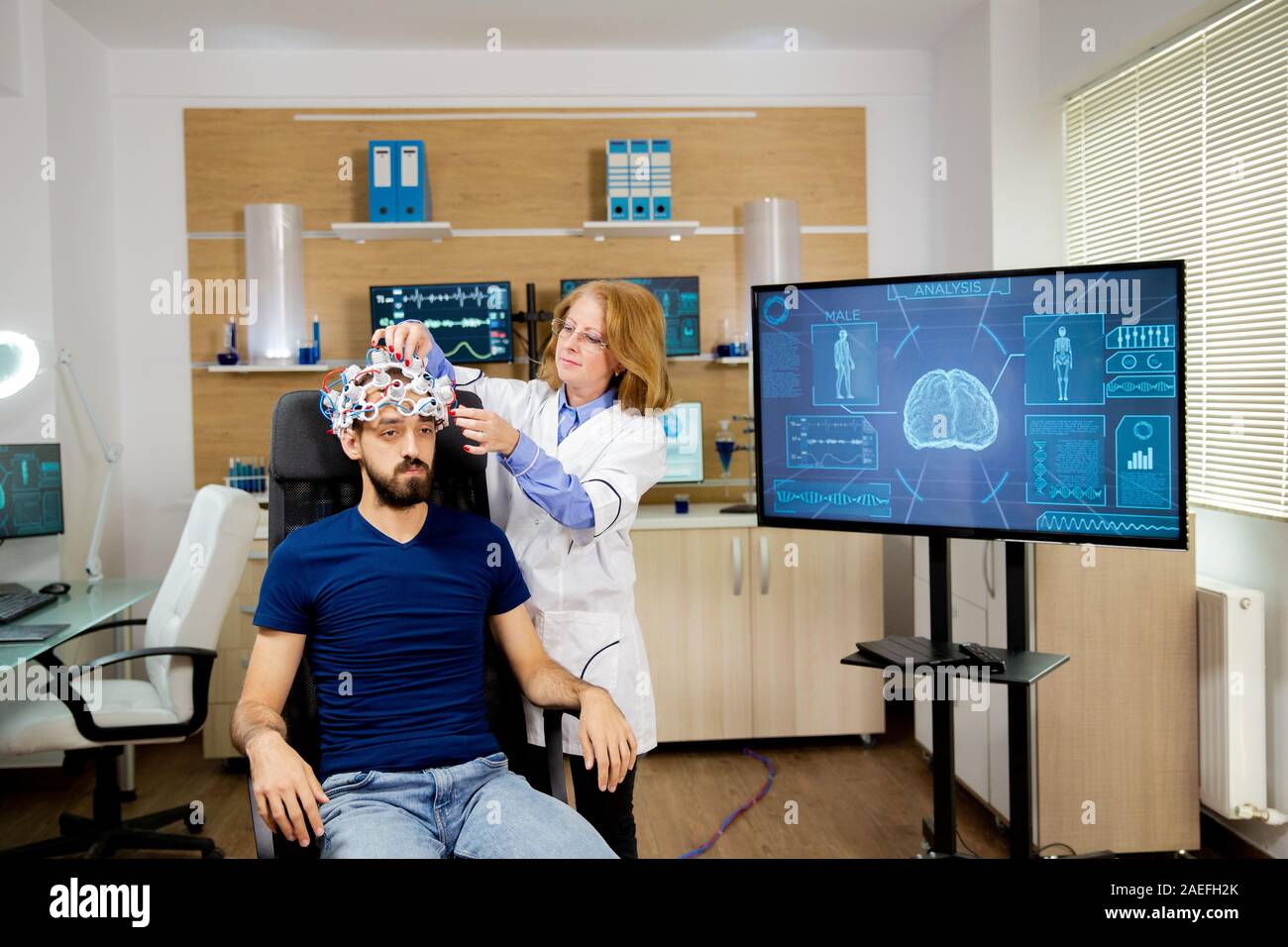 Doctor tracking data transmitted by brainwaves scanning headset ...
