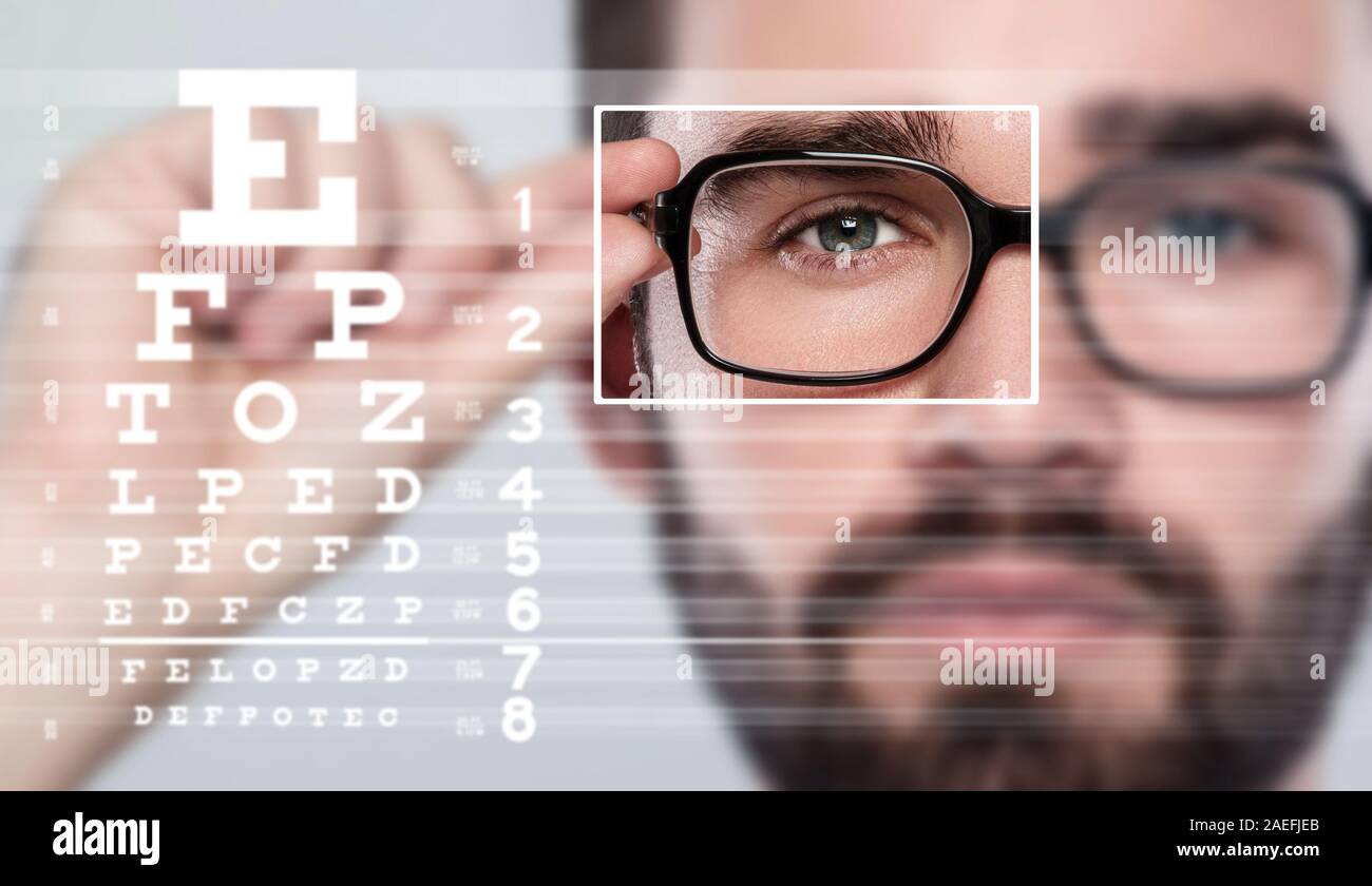 Male face and eye chart. Eyesight concept Stock Photo - Alamy