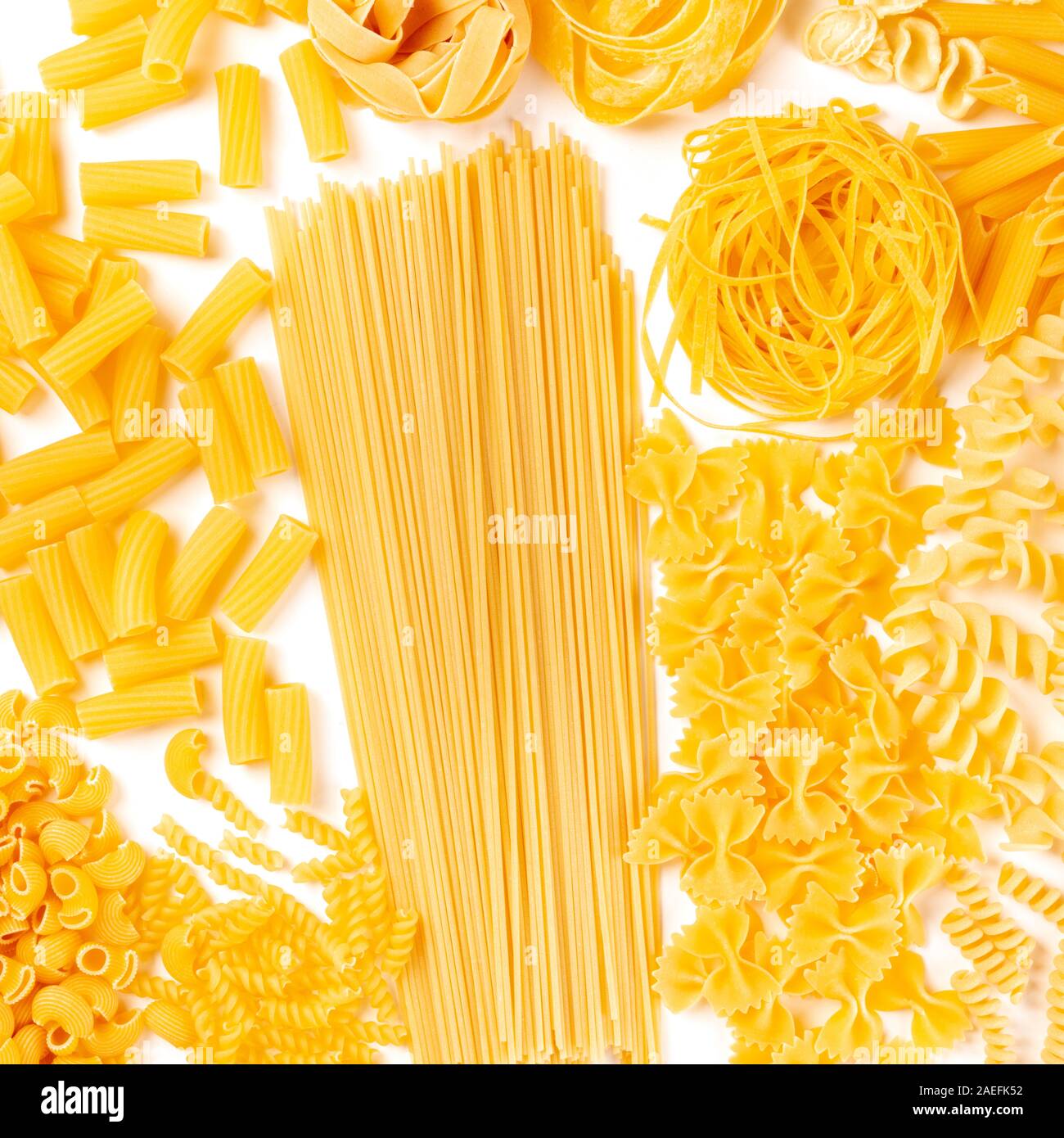 Italian pasta texture, square flat lay overhead shot on a white ...