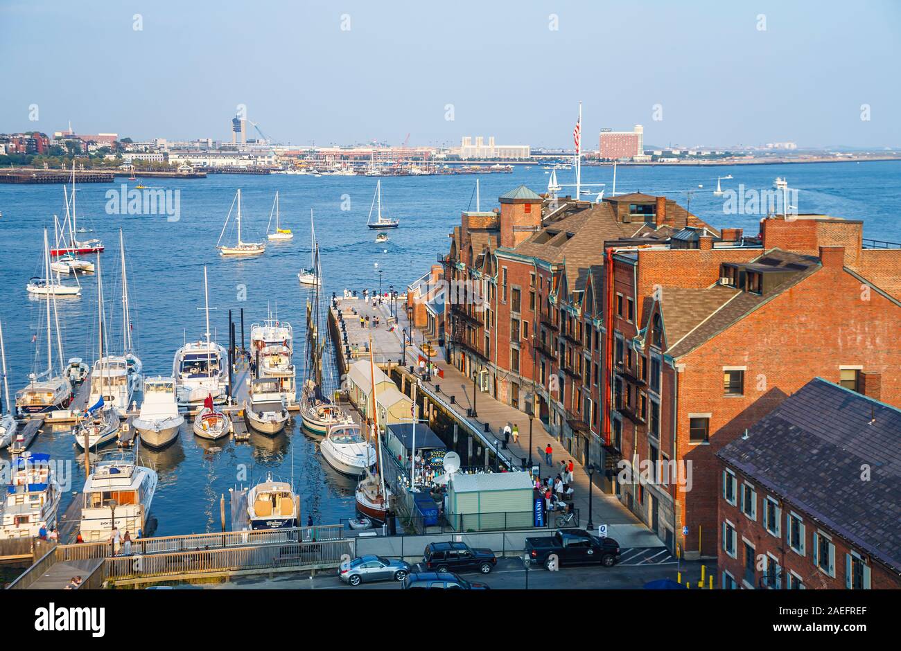 View of across Boston Harbor and Charles River quay with Long Wharf ...