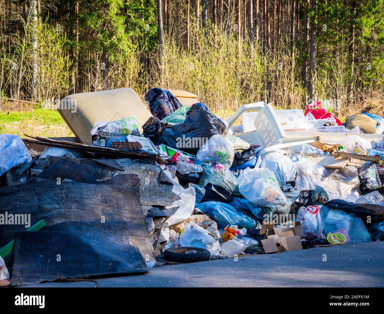 large garbage dump in the forest, environmental pollution by waste ...