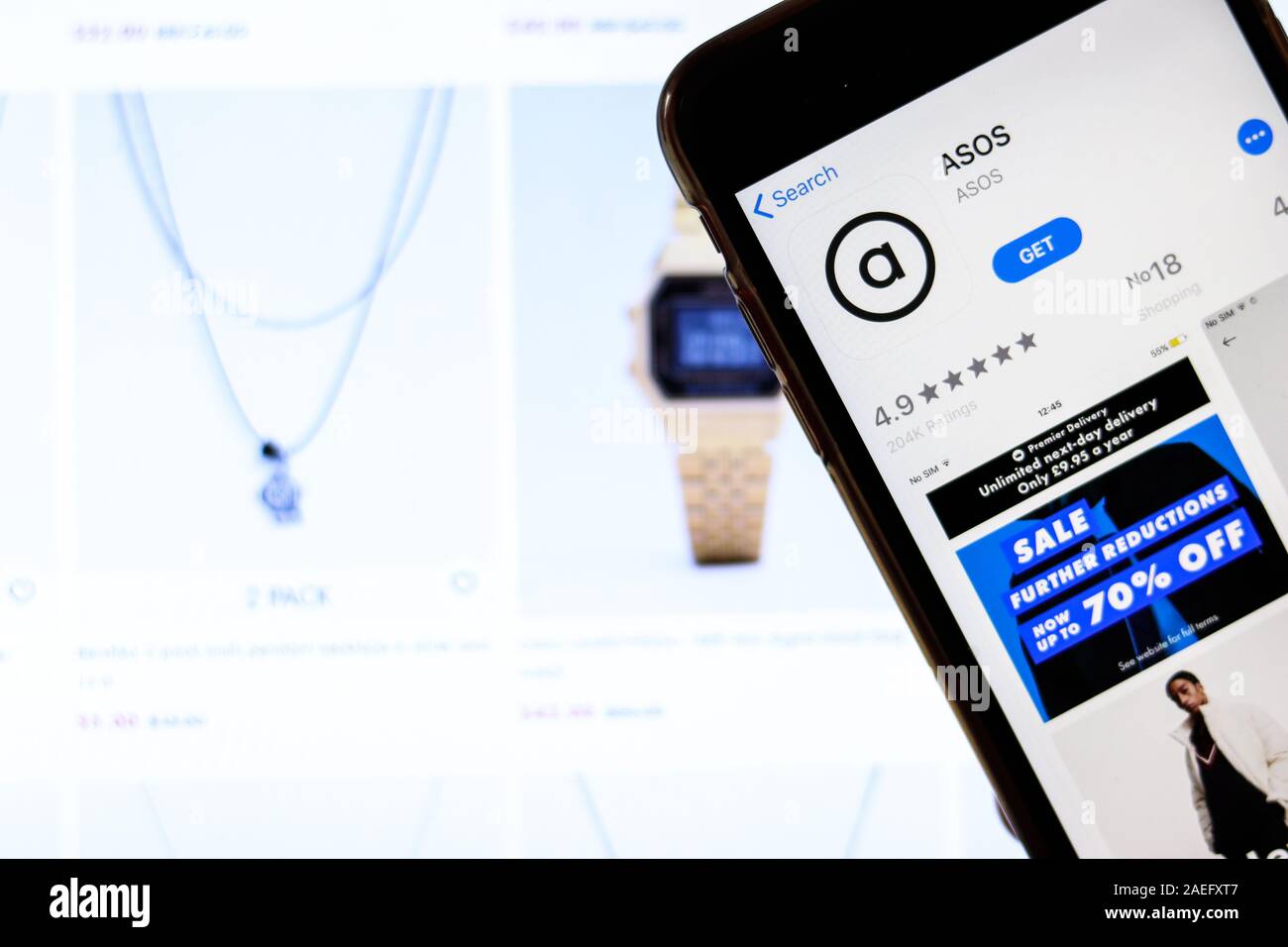 Los Angeles, USA - 10 March 2020: ASOS app logo on phone screen close ...