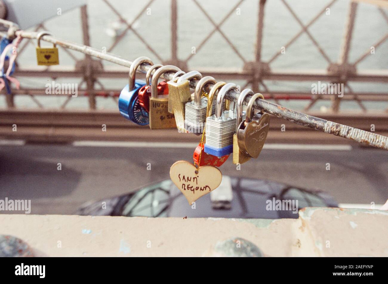 Love locks padlocked to Brooklyn bridge, New York City, United States ...