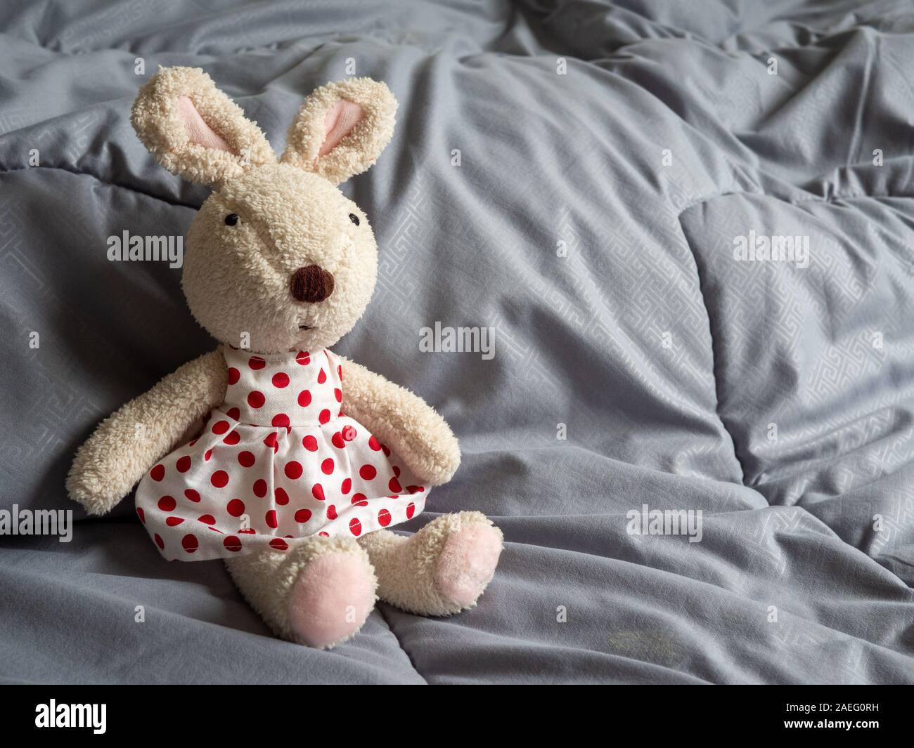 A rabbit doll wearing a red polka dot dress sitting on the bed Stock ...