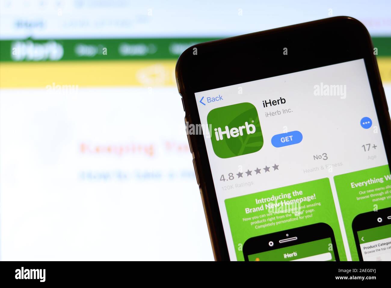 Los Angeles, California, USA - 26 November 2019: iHerb app icon on phone screen with logo on ...