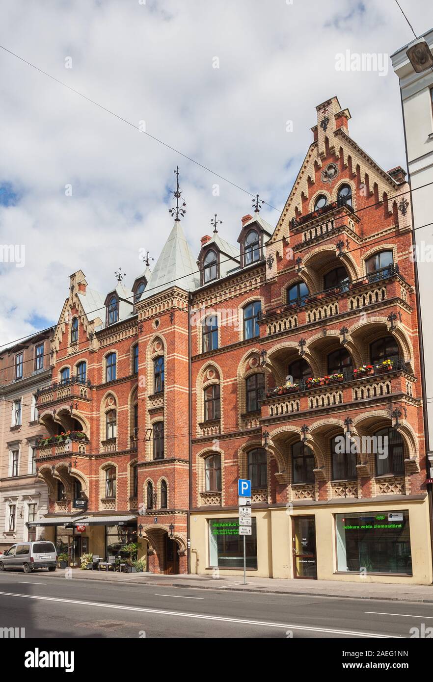 RIGA, LATVIA - SEPTEMBER 01, 2014: Riga Art Nouveau (Jugendstil), red ...