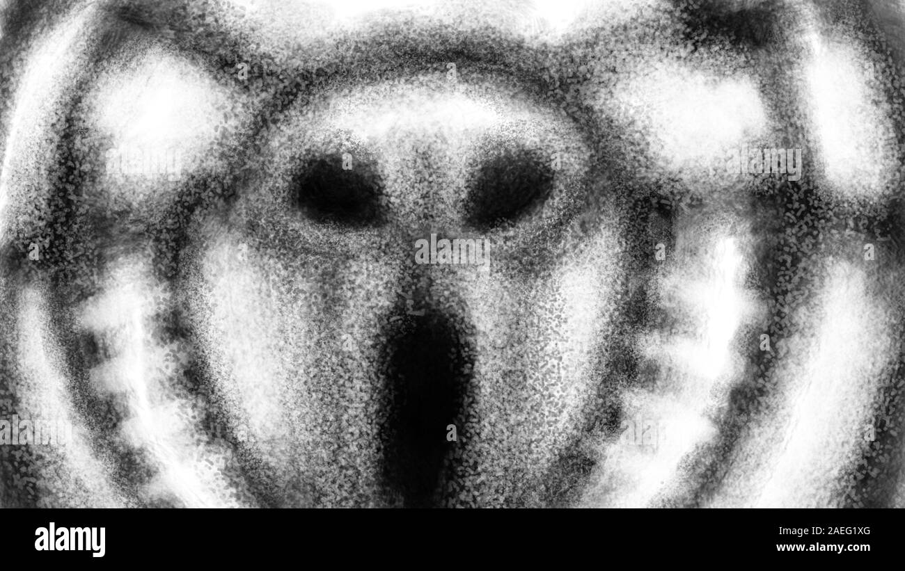 Scary alien face with big black eyes and opening mouth. Black and white ...