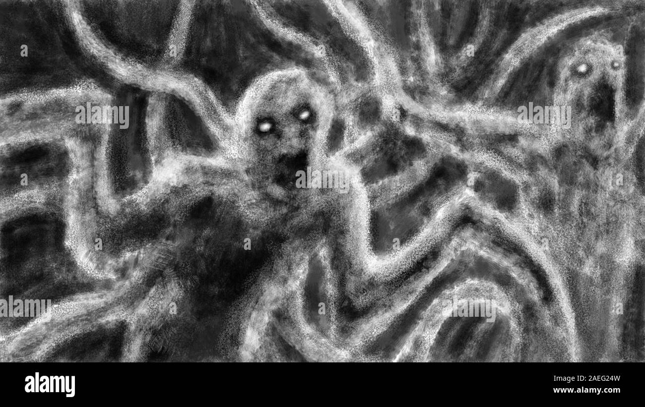 Two mutants attacking and screaming in the night. Black and white ...