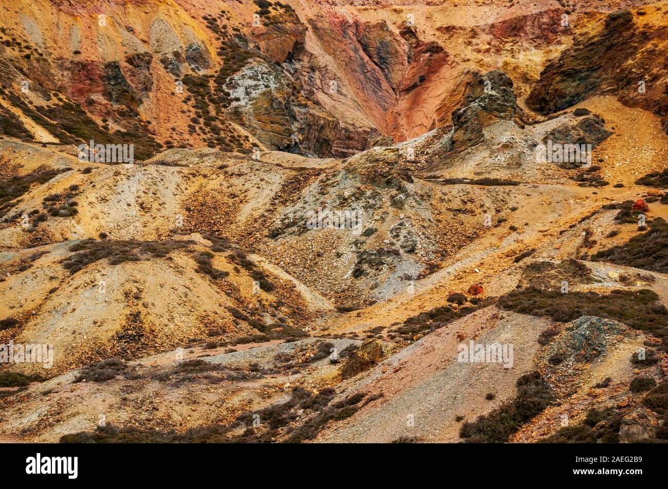 Distance view of spoil heaps at Parys Mountain Copper Mine Stock Photo ...