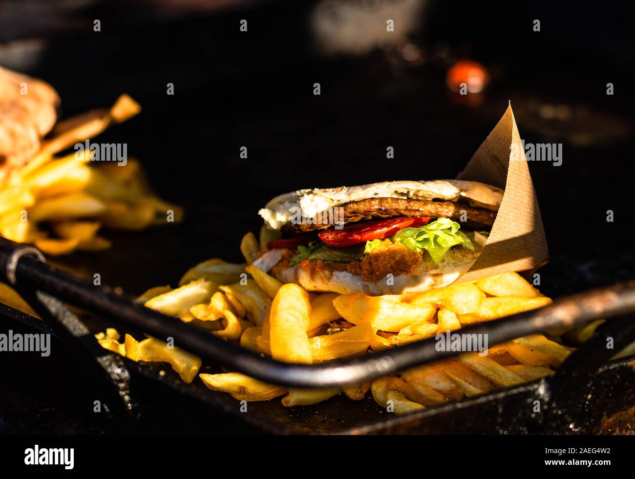 Traditional Serbian street food pljeskavica, cevapi, bbq homemade ...