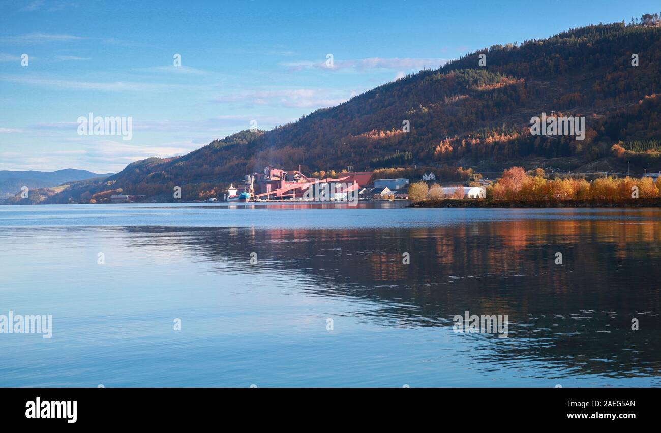 Coastal Norwegian landscape, Orkanger facility that has large plant and ...