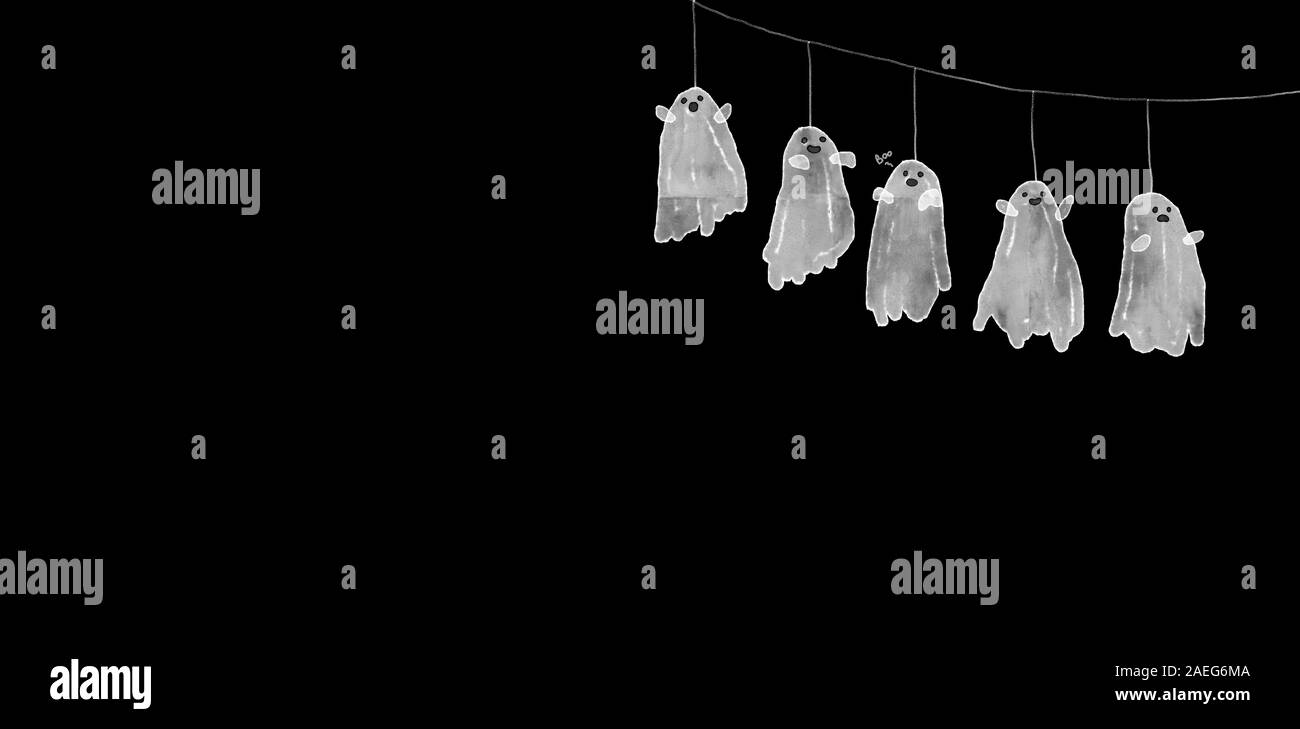 Group of white sheet ghosts with doll's eyes isolated on a black ...