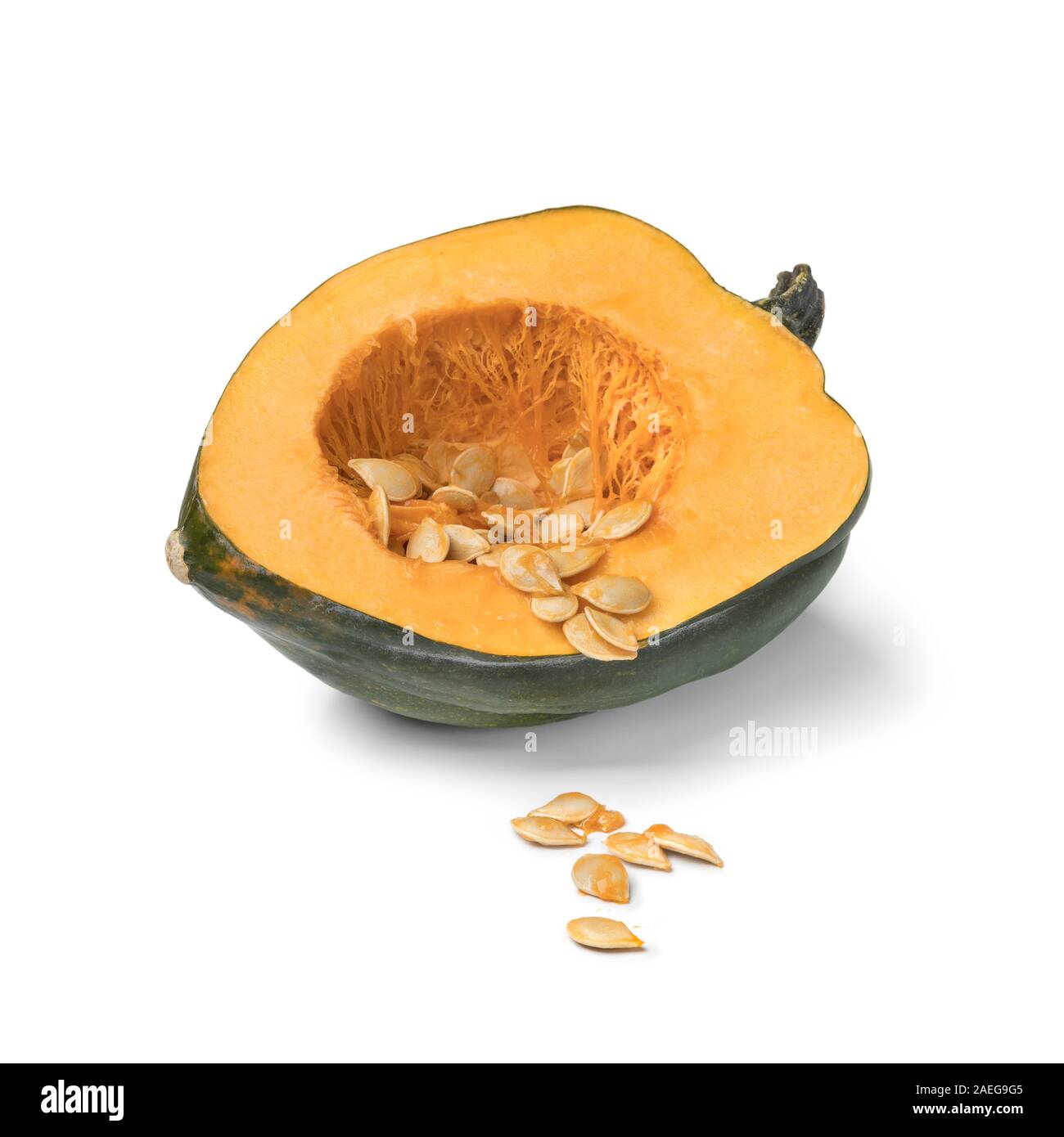 Halved fresh green acorn squash with seeds close up isolated on white ...