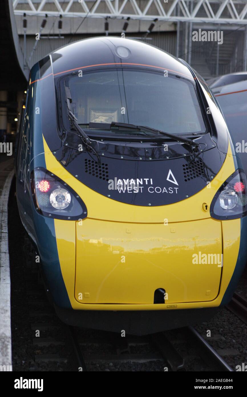 The front of an Avanti West Coast train showing the new logo as it ...