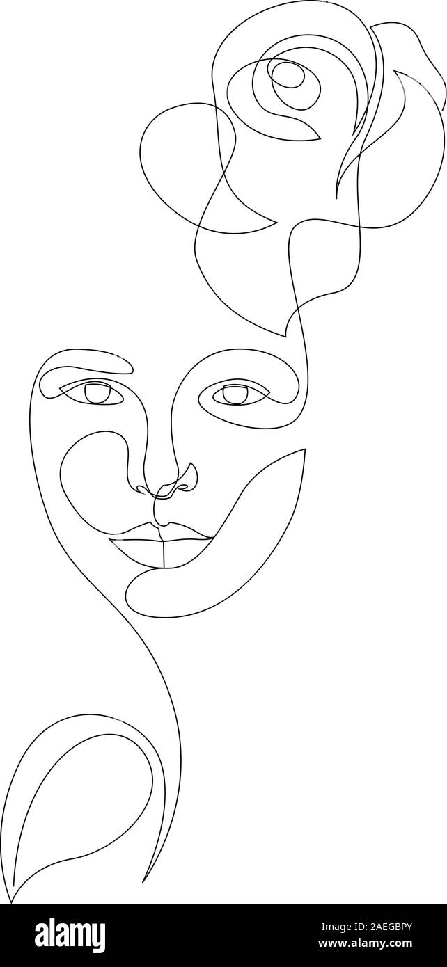 woman face with rose flower. Continuous line drawing Stock Vector Image ...