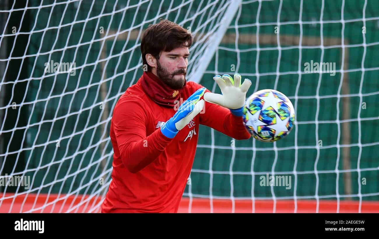 Alisson Becker during a training session at Melwood Training Ground ...