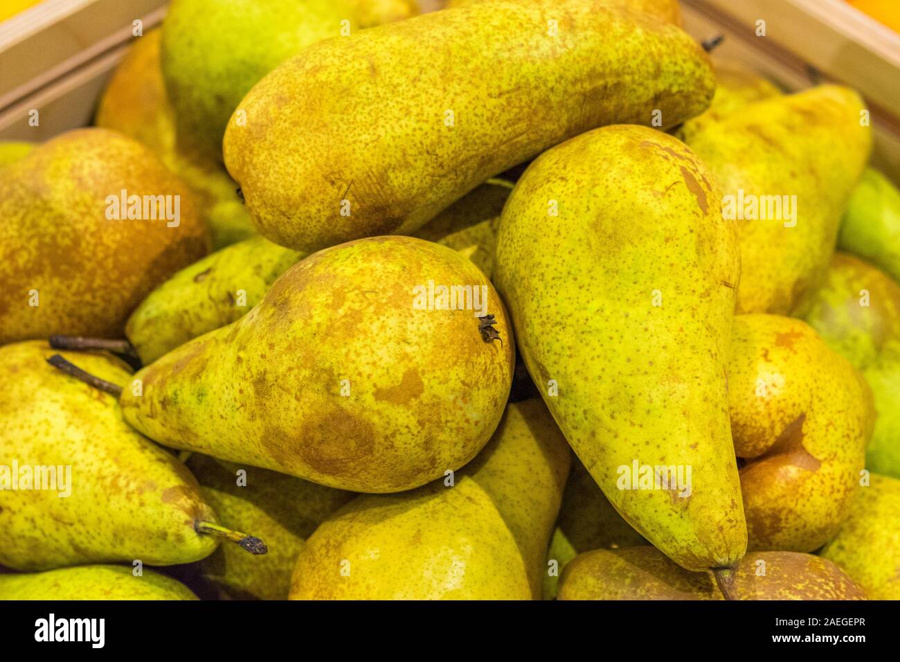 Conference pear varieties in a wooden box with a price tag Stock Photo ...