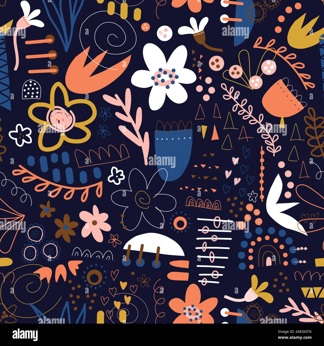 Seamless pattern doodle vector background abstract shapes collage blue white pink orange yellow ...