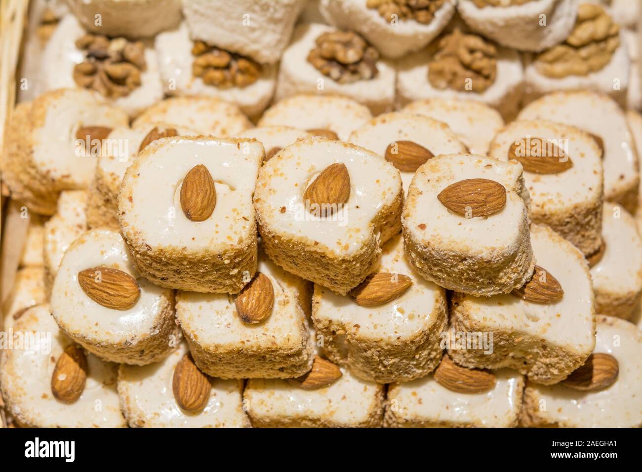 Eastern sweets in a wide range, baklava, Turkish delight with almond ...