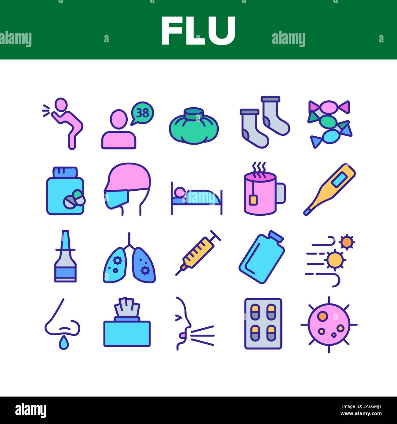 Flu Symptoms And Cure Collection Icons Set Vector Stock Vector Image ...