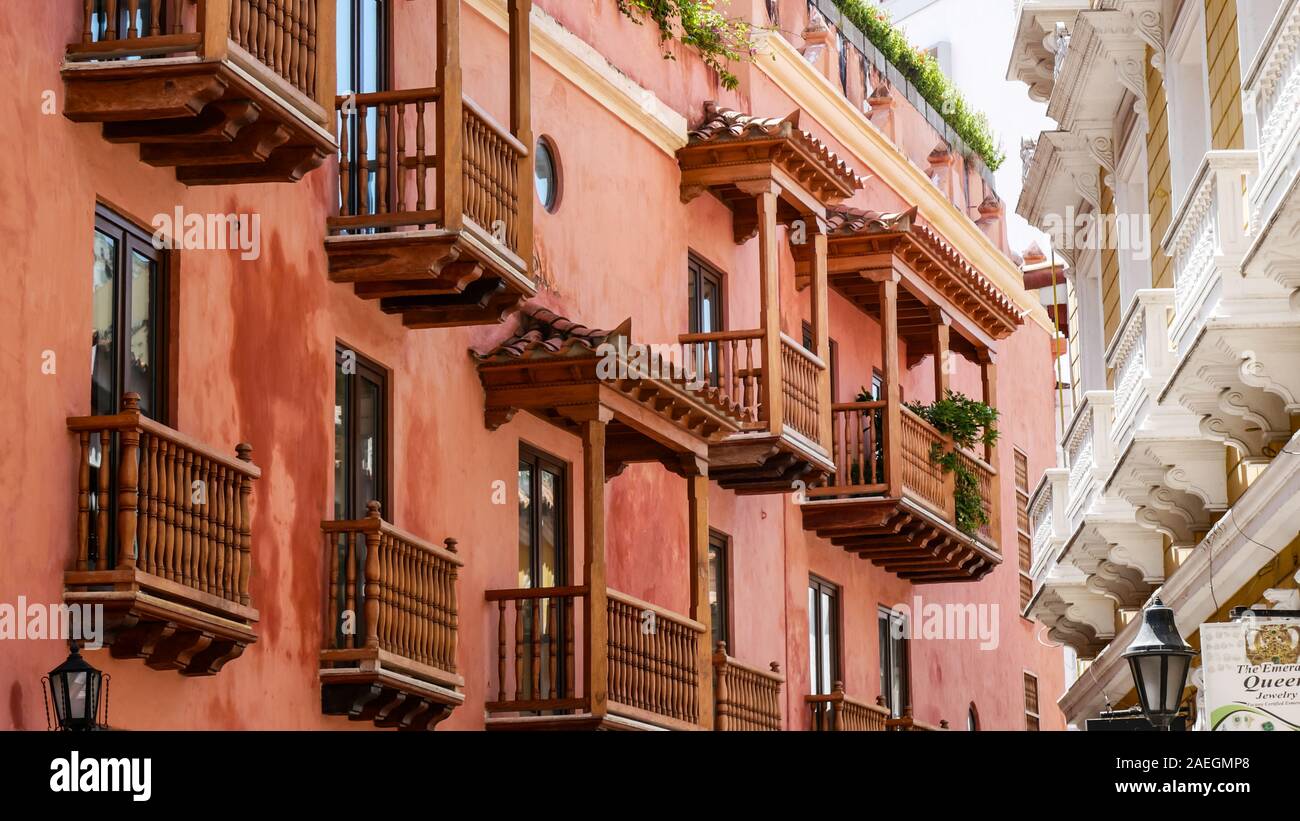 Closeup view of typical Latin American colonial and colorful buildings ...