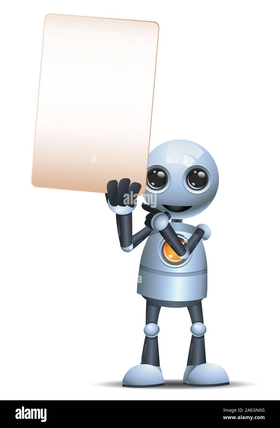 3d illustration of little robot hold up blank sign communication on ...