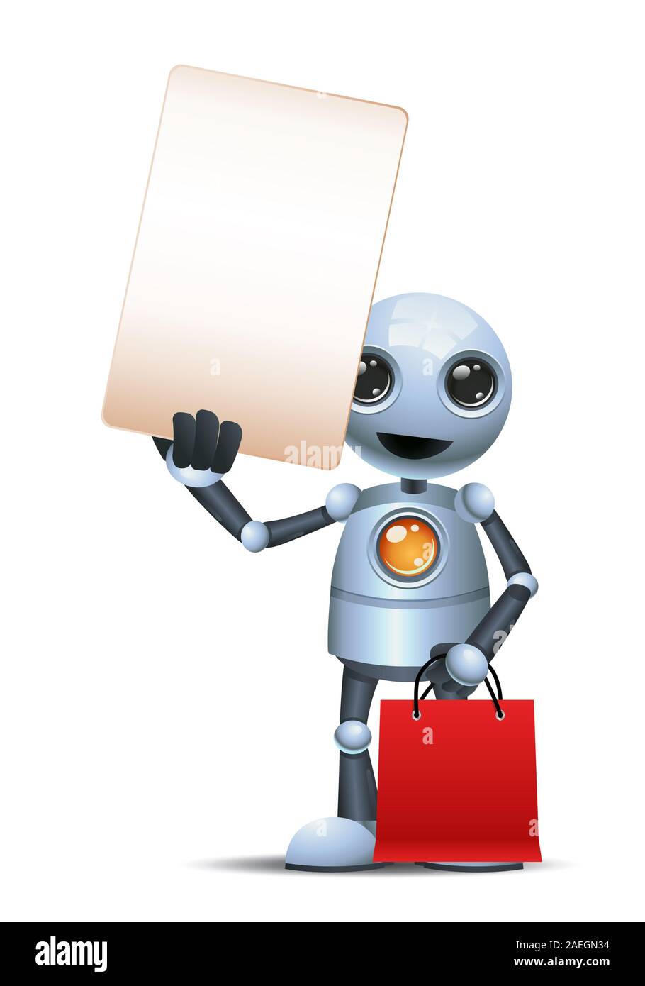 3d illustration of little robot hold blank sign while carry shopping ...