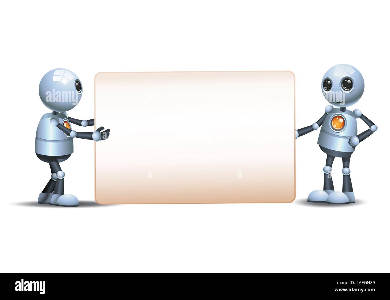 3d illustration of two little robot hold wide blank sign communication ...