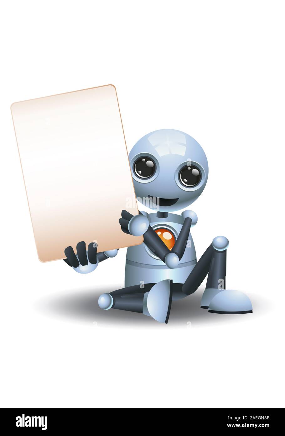3d illustration of little robot hold blank sign communication while sit ...